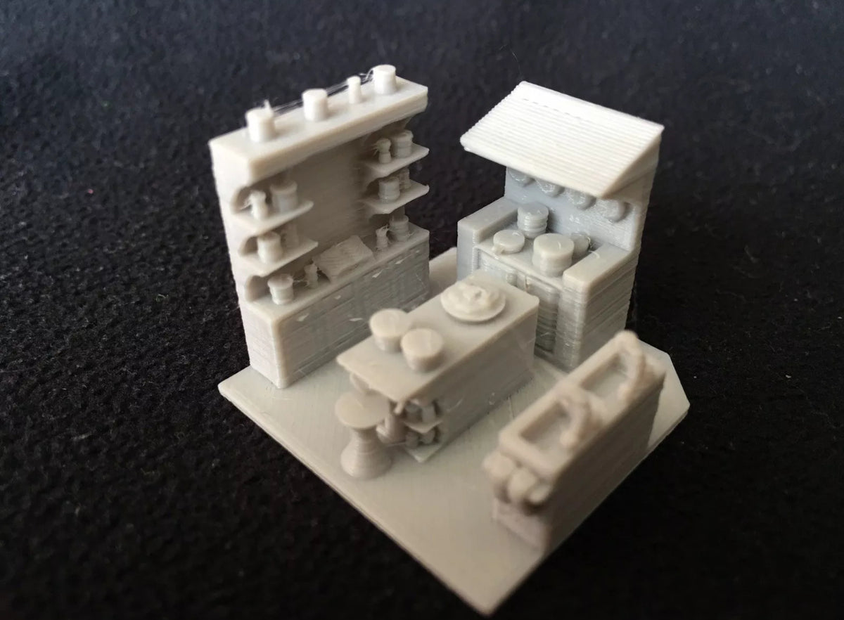 HO Scale Miniature Kitchen Interior including stove, credenza, prep ta ...